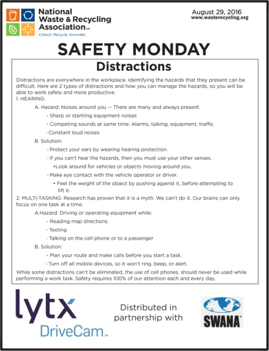 Safety Tuesday - Avoid Distractions - Waste and Recycling Workers Week