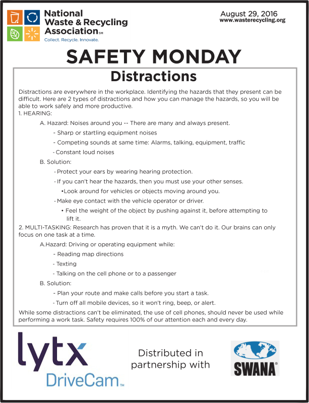 Safety Tuesday - Avoid Distractions - Waste and Recycling Workers Week