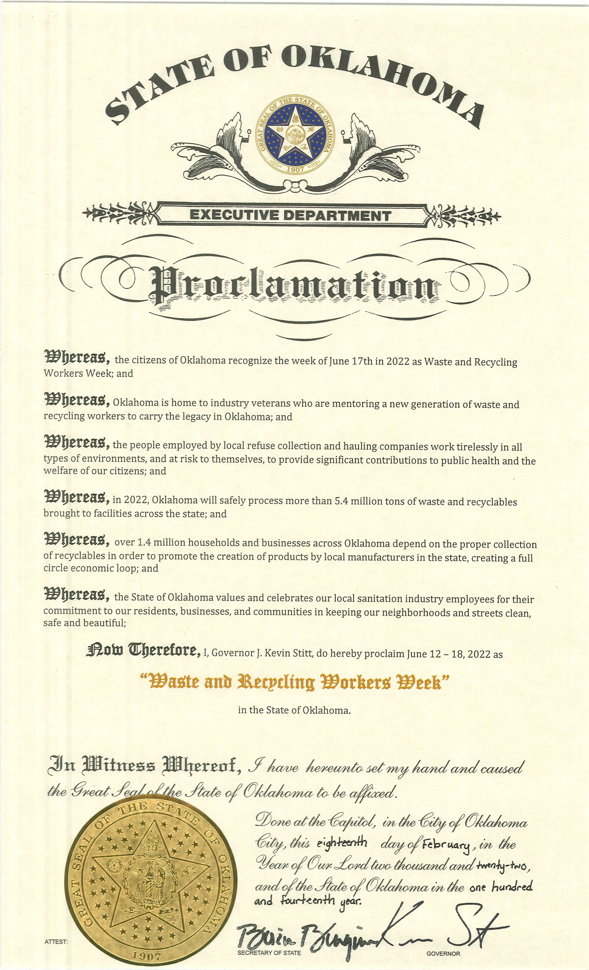 State of Oklahoma Waste and Recycling Workers Week Proclamation - Waste ...